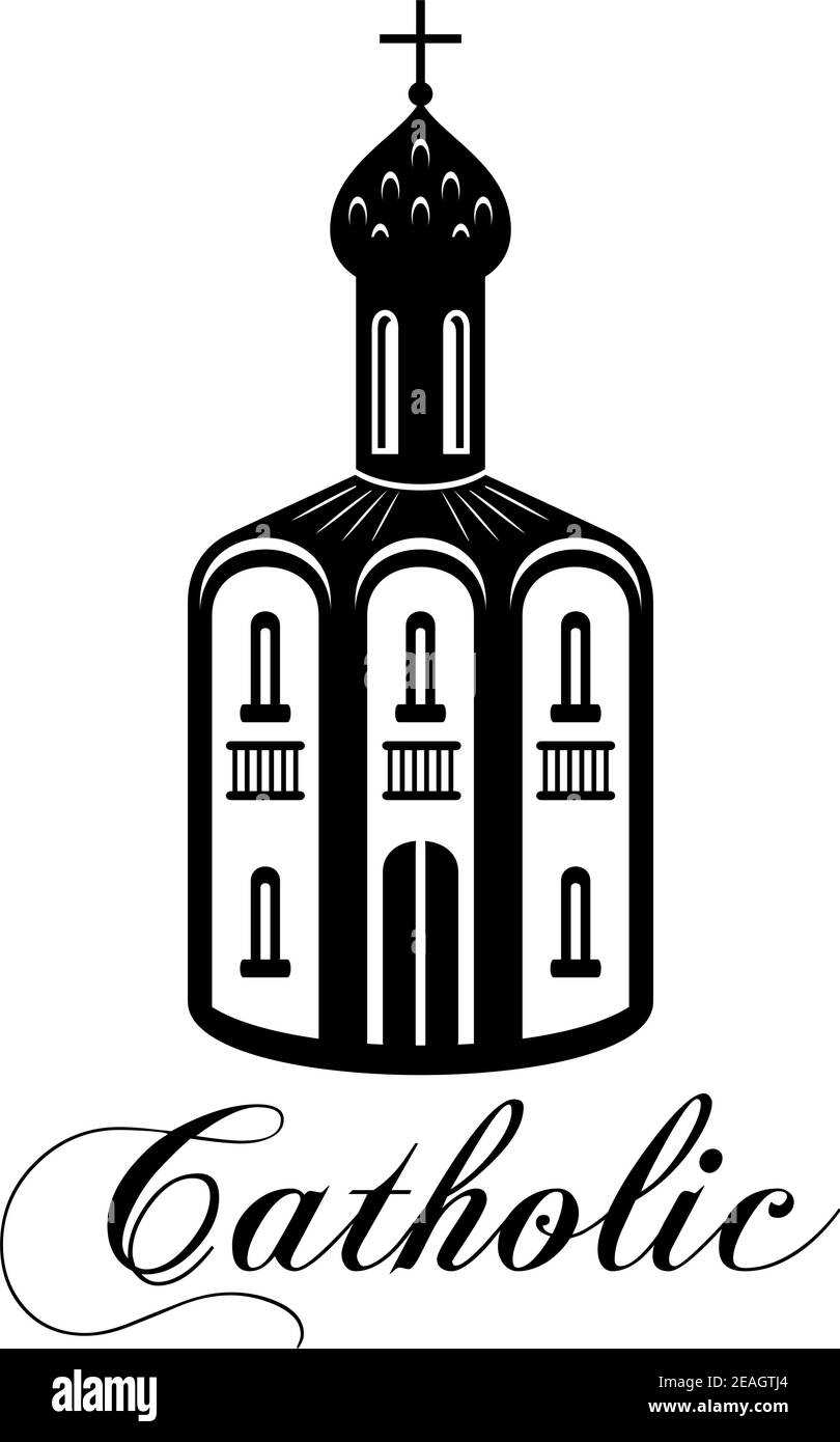 Catholic temple building isolated on white background with text for ...