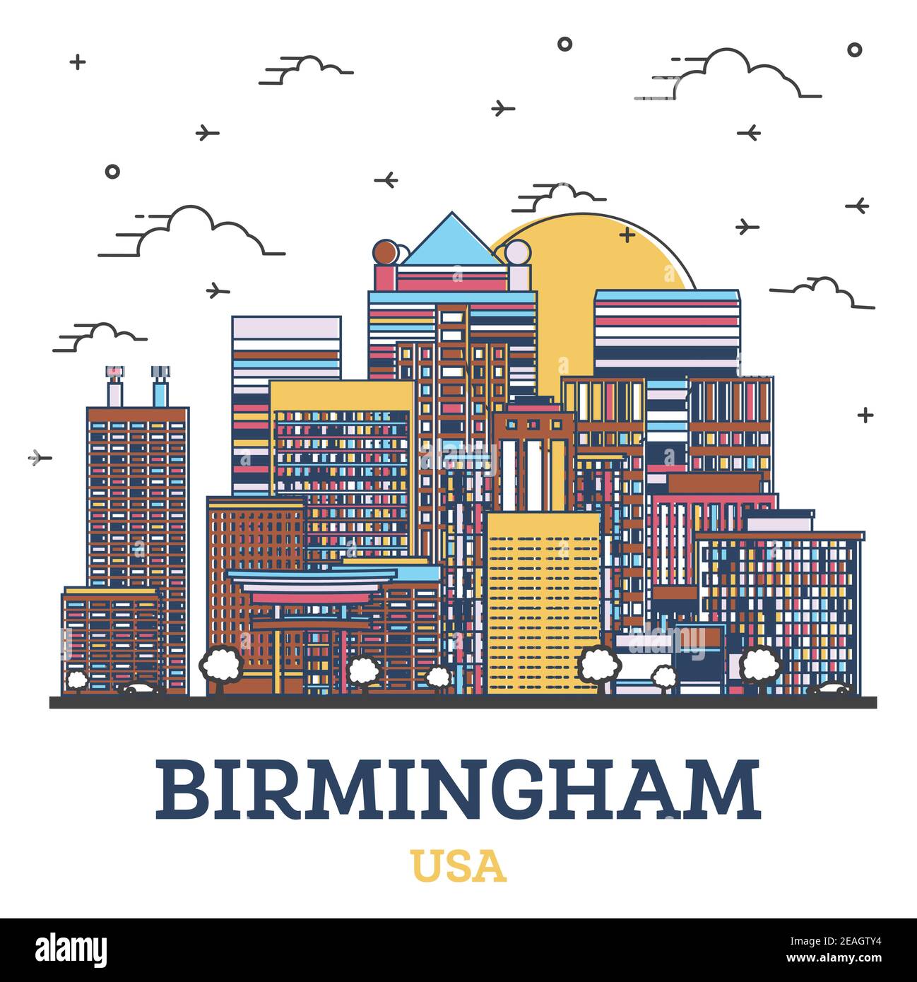 Outline Birmingham Alabama USA City Skyline with Color Buildings ...
