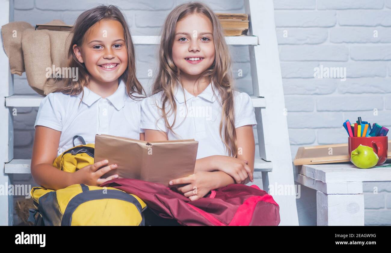 Schoolgirls studying homework during her lesson at home. Story reading ...
