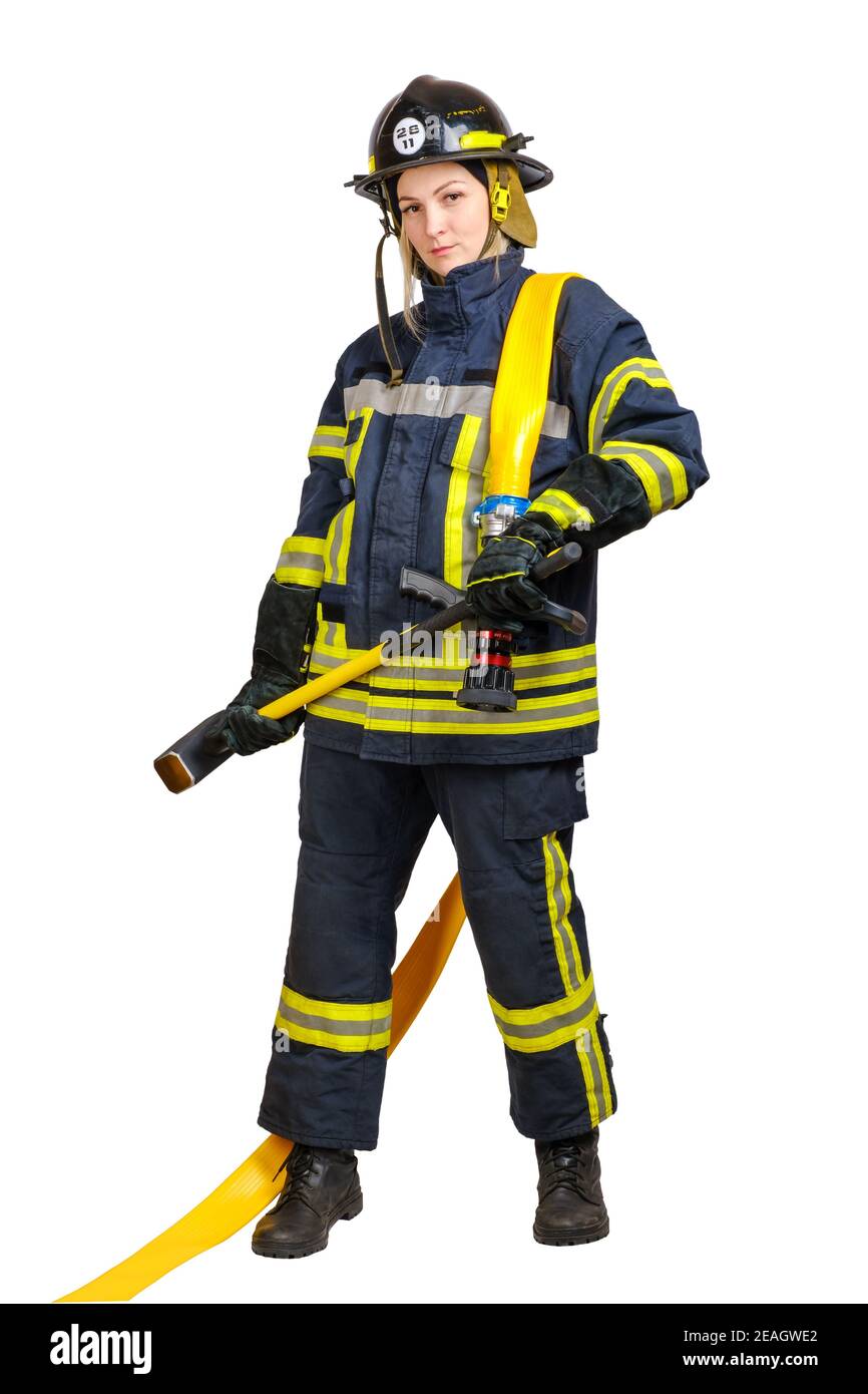 Young brave woman in uniform of firefighter with fire hose and ...