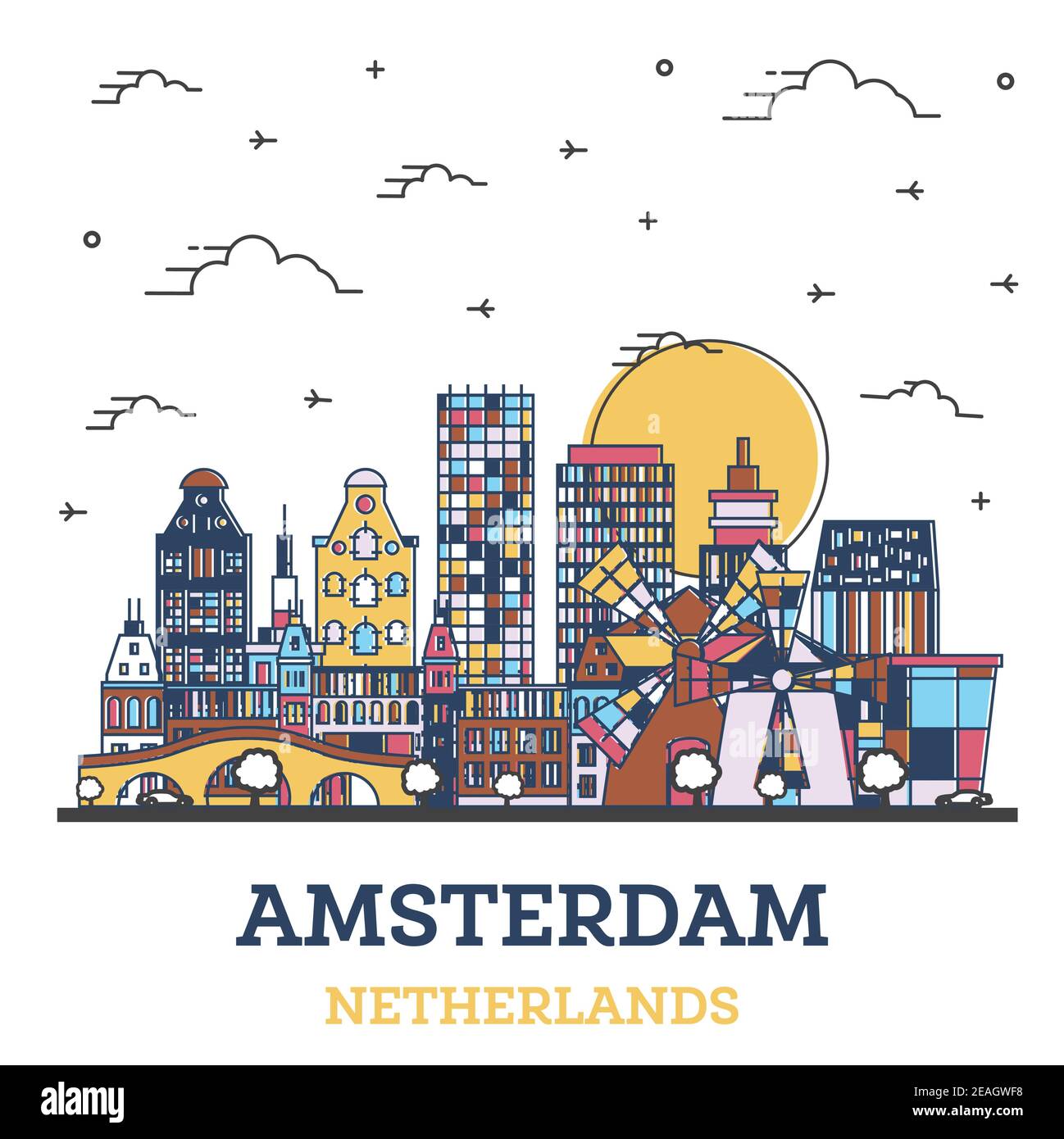 Outline Amsterdam Netherlands City Skyline with Colored Historic Buildings Isolated on White ...