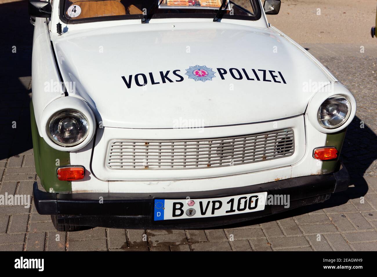 Berlin, Germany Detail of mock East German Trabant police car as part ...