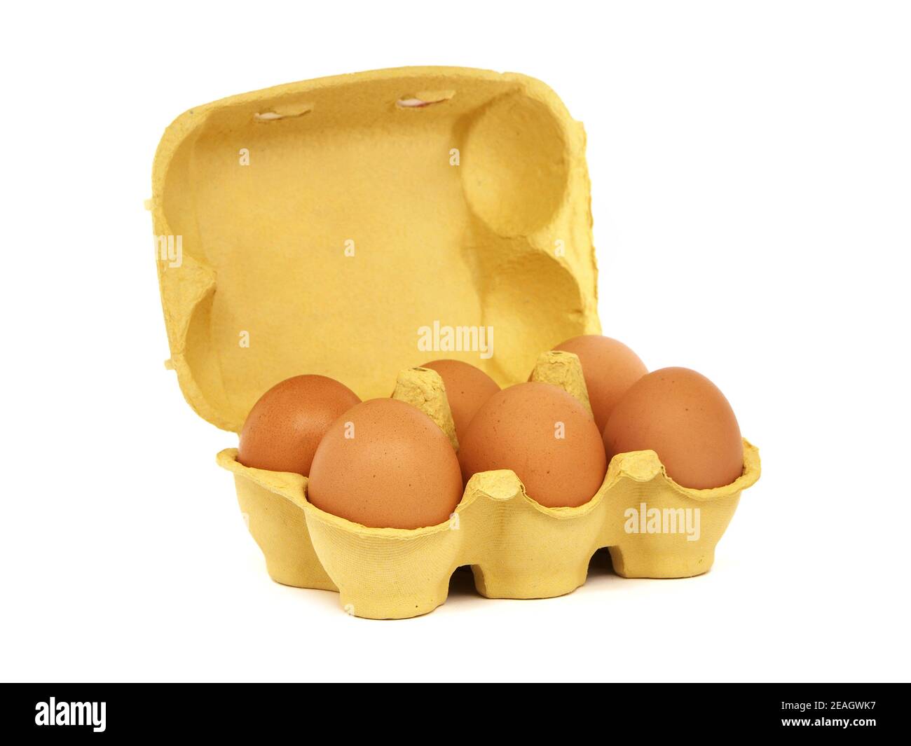 Egg box or egg carton with six brown eggs isolated on white Stock Photo ...