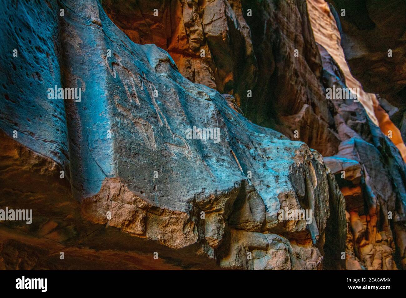 Ancient inscriptions at Khazali siq at Wadi Rum desert in jordan Stock ...