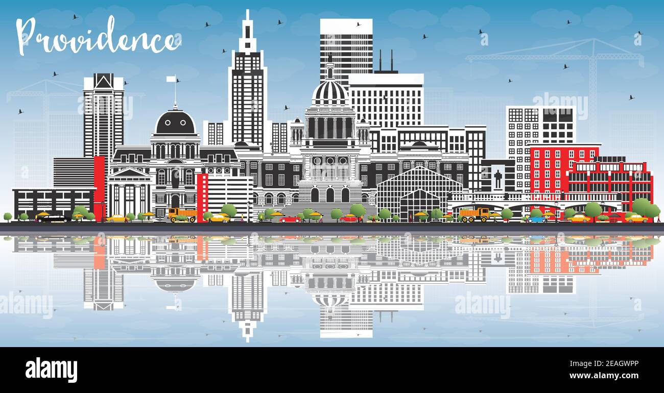 Providence Rhode Island City Skyline with Color Buildings, Blue Sky and ...