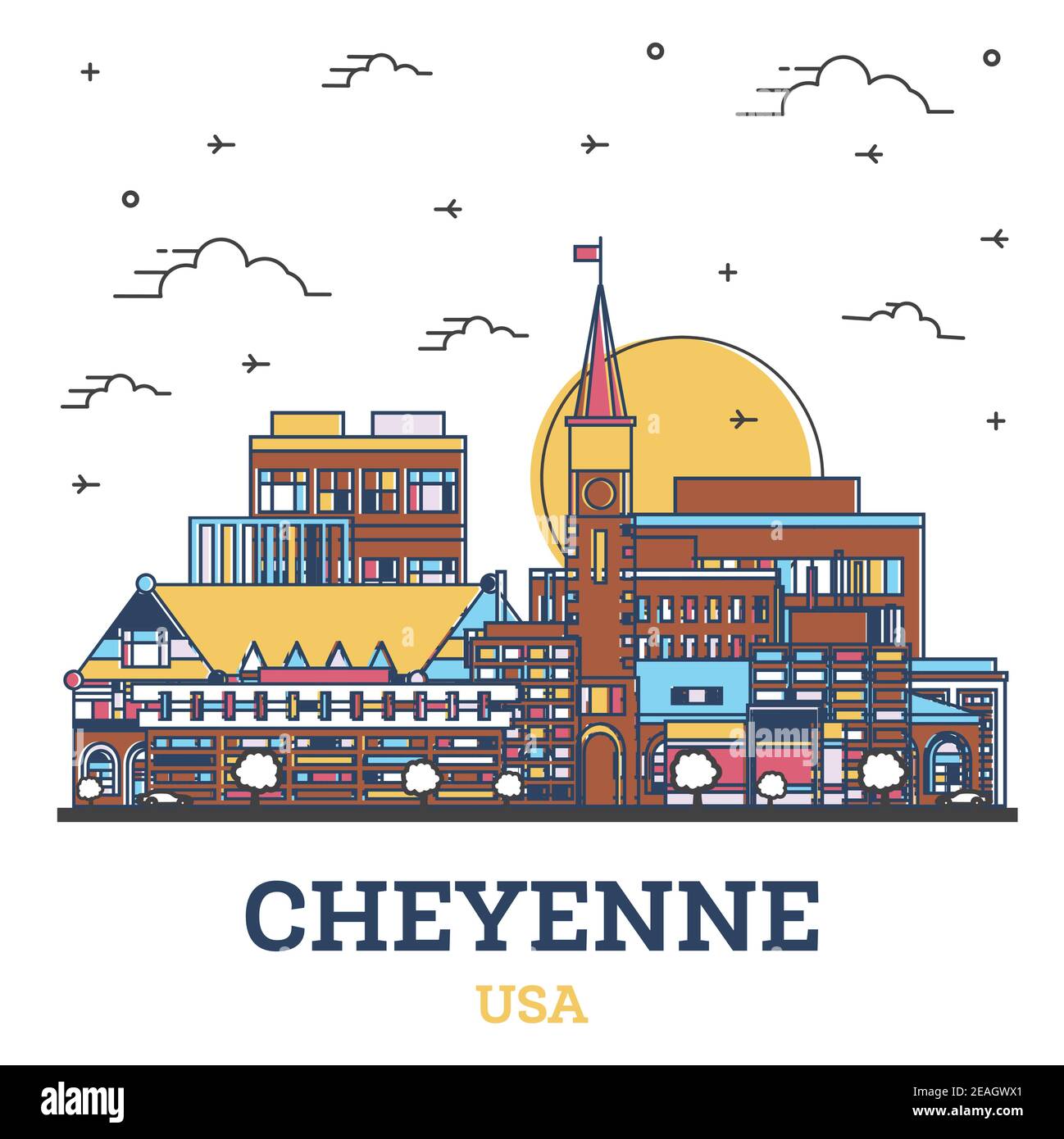 Outline Cheyenne Wyoming USA City Skyline with Color Buildings Isolated ...