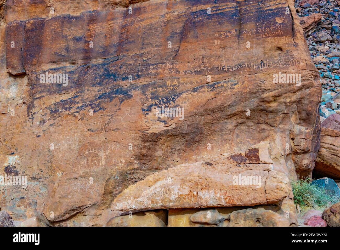 Ancient inscriptions at Lawrence spring at Wadi Rum desert in jordan ...