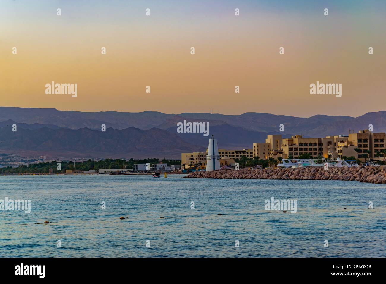 Sunset view of seaside of Aqaba in Jordan Stock Photo - Alamy