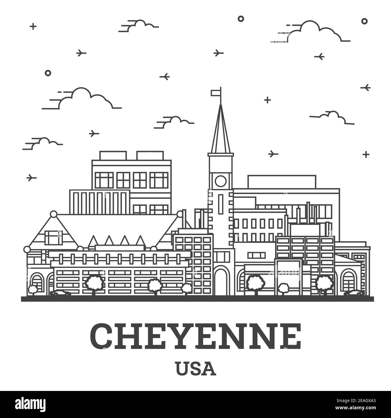 Outline Cheyenne Wyoming USA City Skyline with Modern Buildings ...