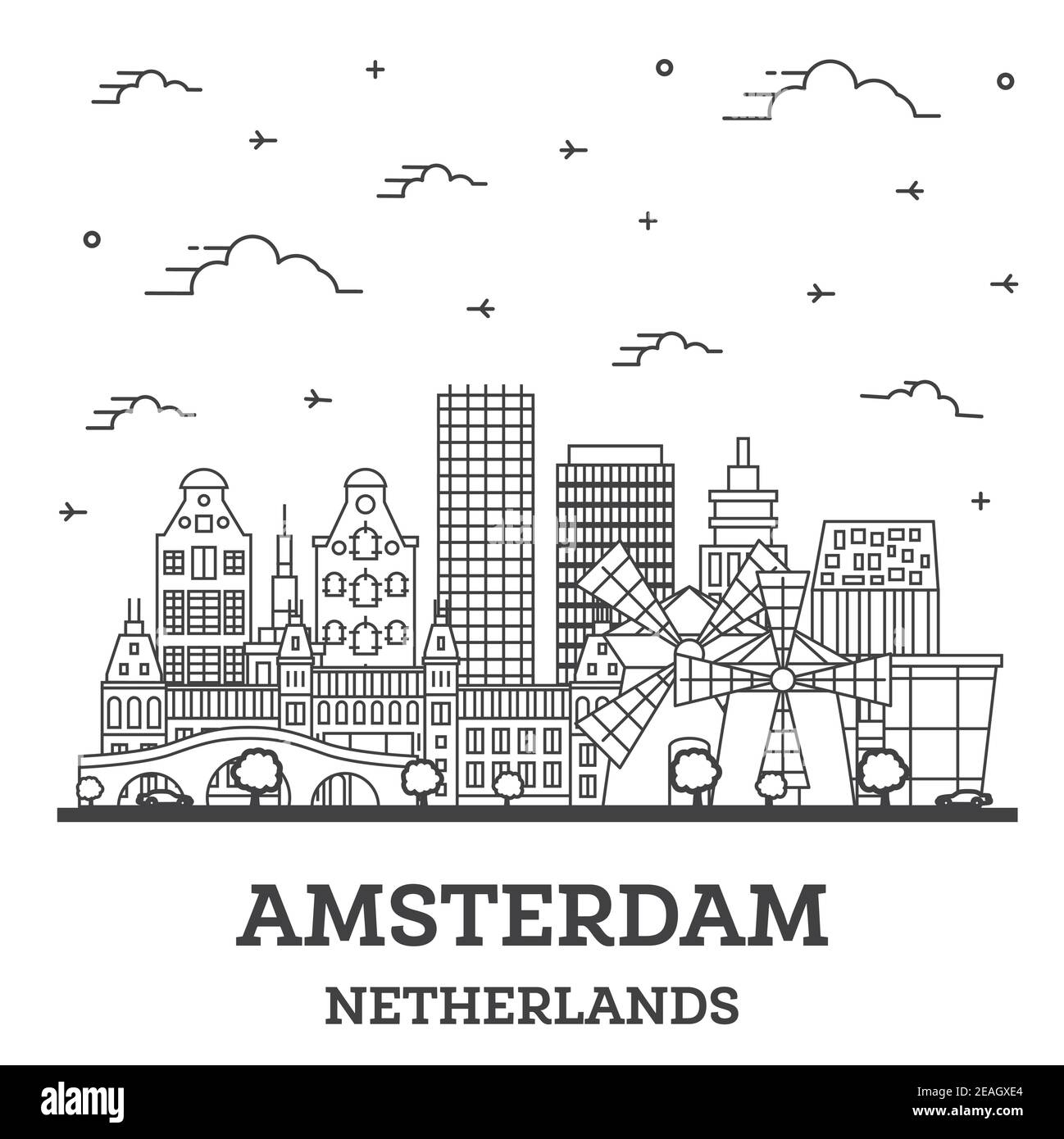 Outline Amsterdam Netherlands City Skyline with Historic Buildings Isolated on White. Vector ...