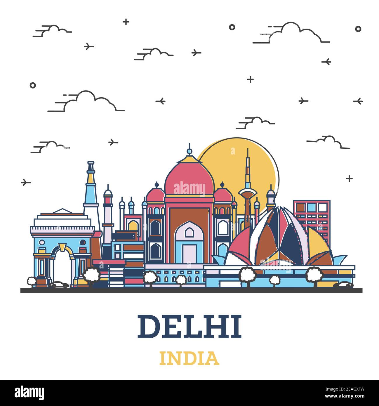 Outline Delhi India City Skyline with Colored Historic Buildings ...