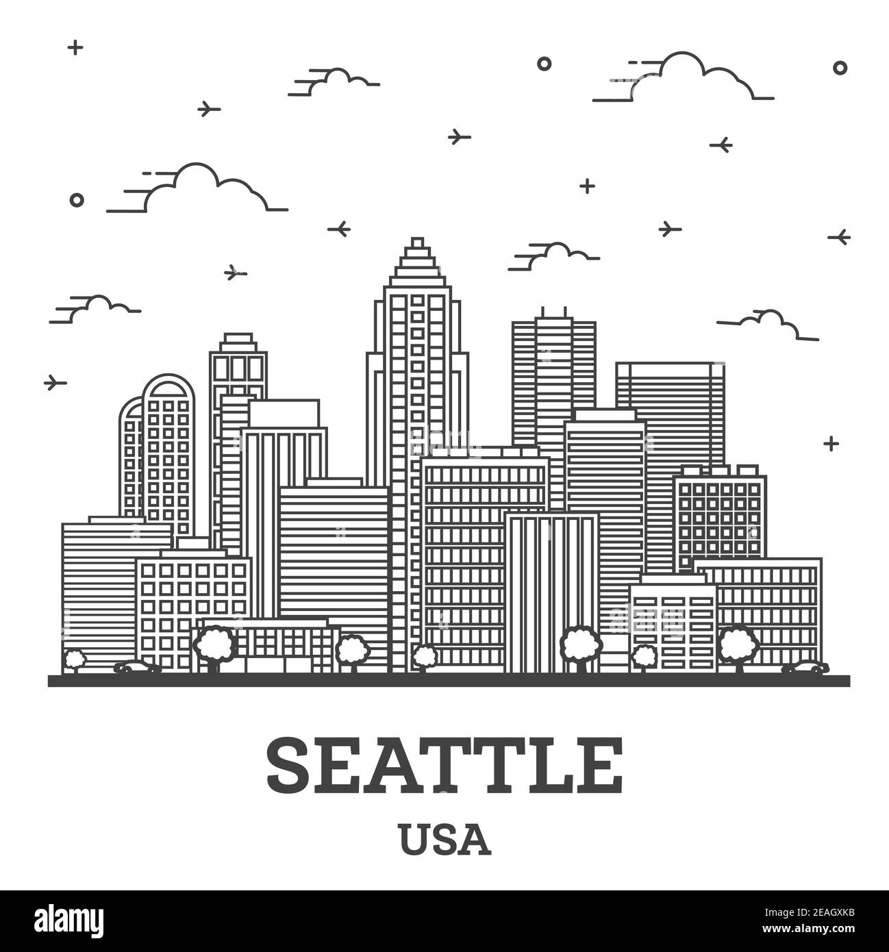 Outline Seattle Washington USA City Skyline with Modern Buildings ...