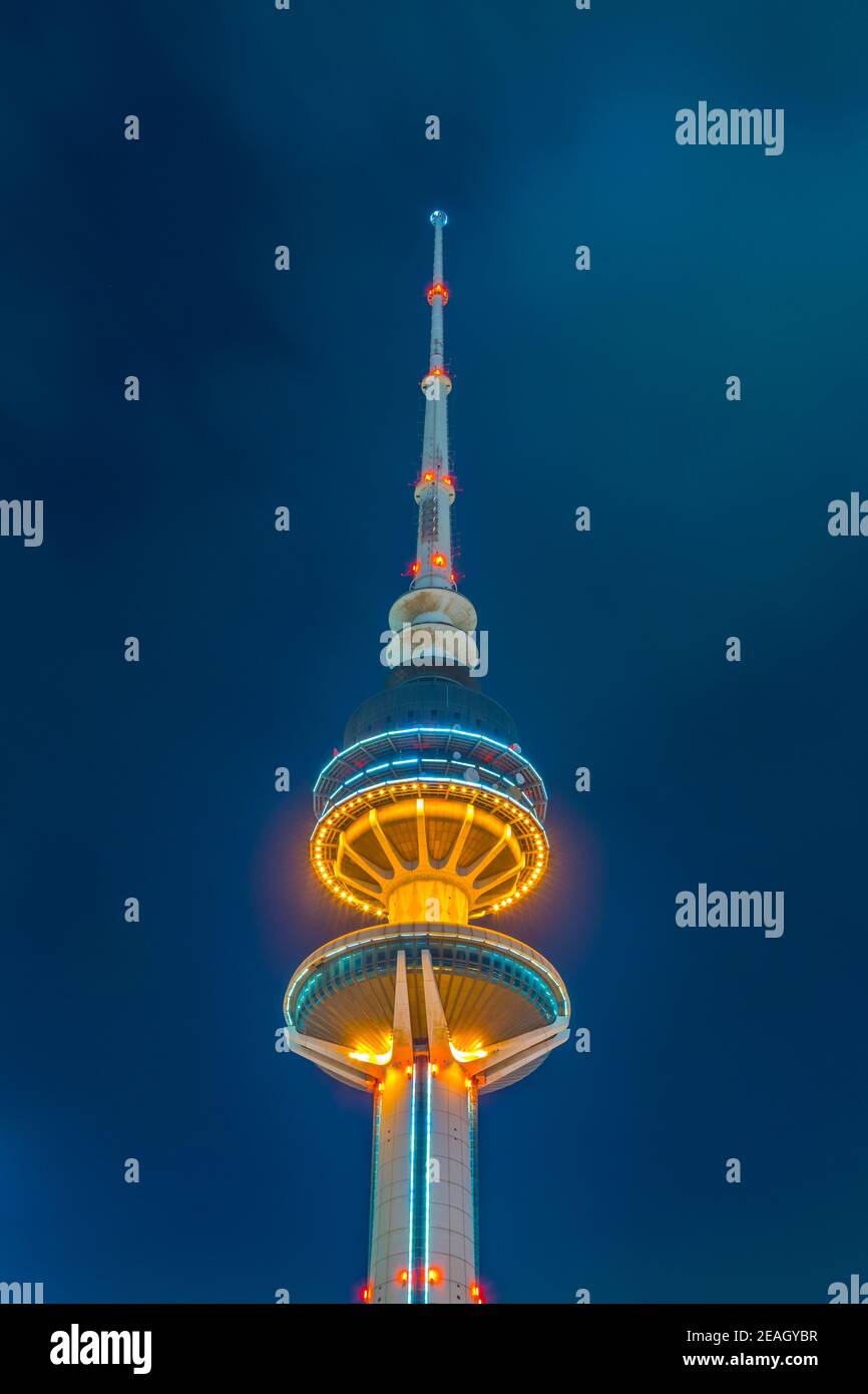 Detail view of the Liberation tower in Kuwait during night Stock Photo ...