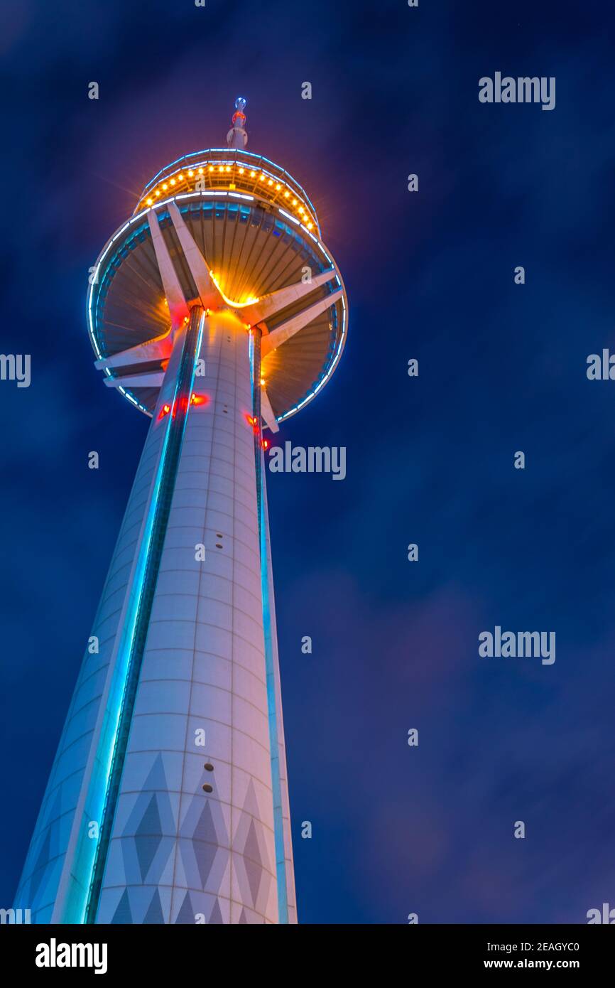 Detail view of the Liberation tower in Kuwait during night Stock Photo ...
