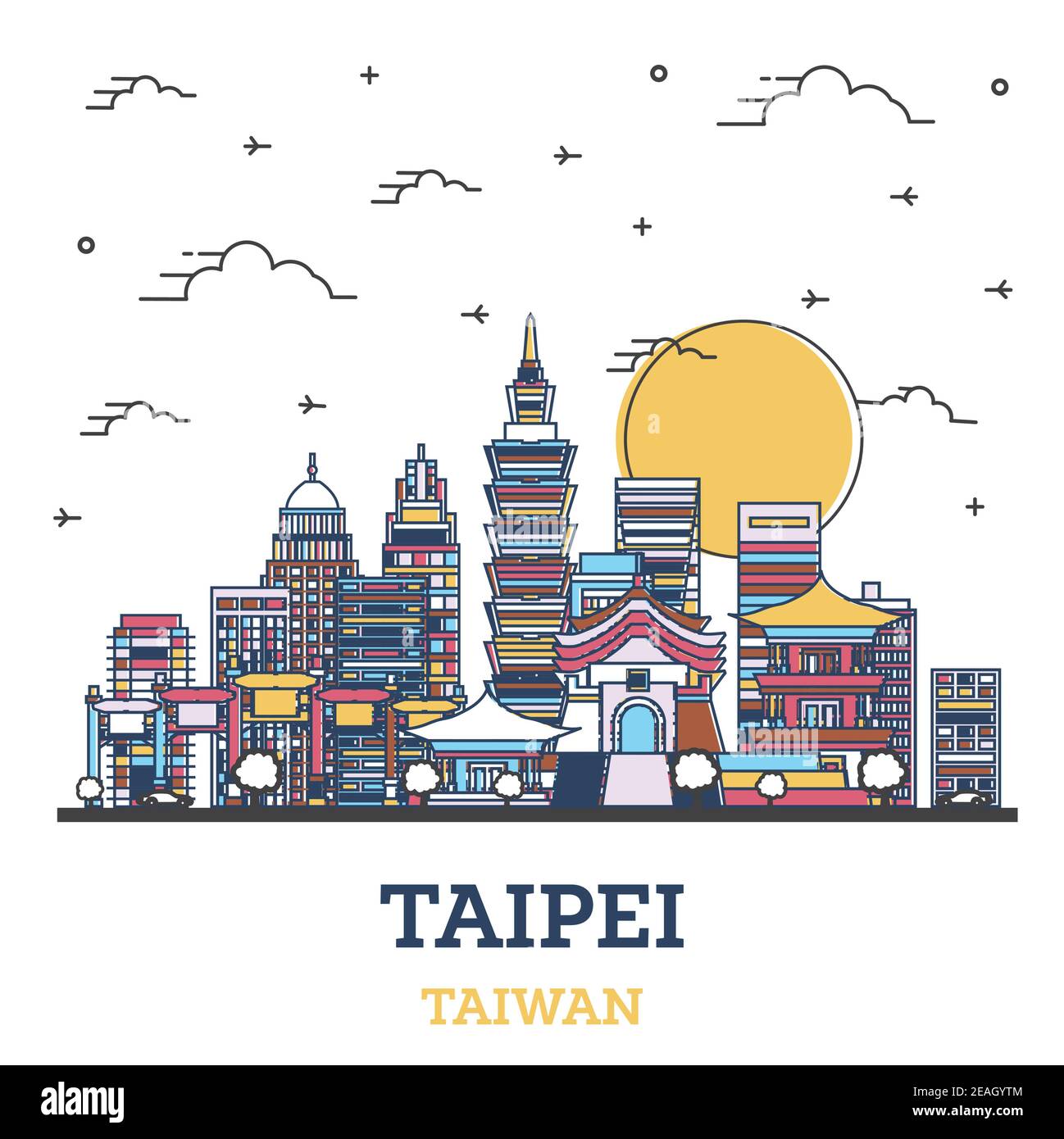 Outline Taipei Taiwan City Skyline with Colored Modern Buildings ...
