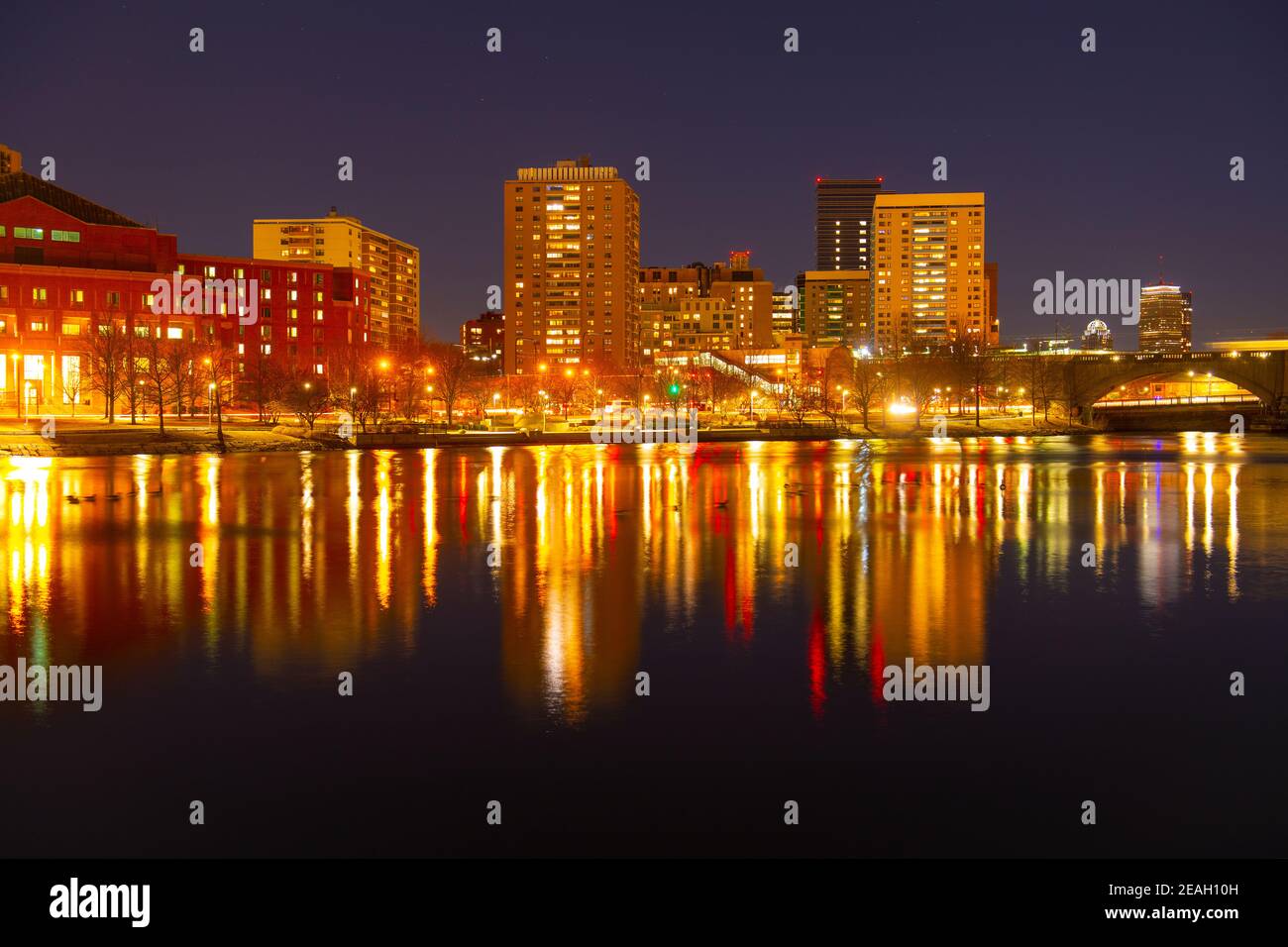 Boston Financial District buildings at night from North Point Park in ...