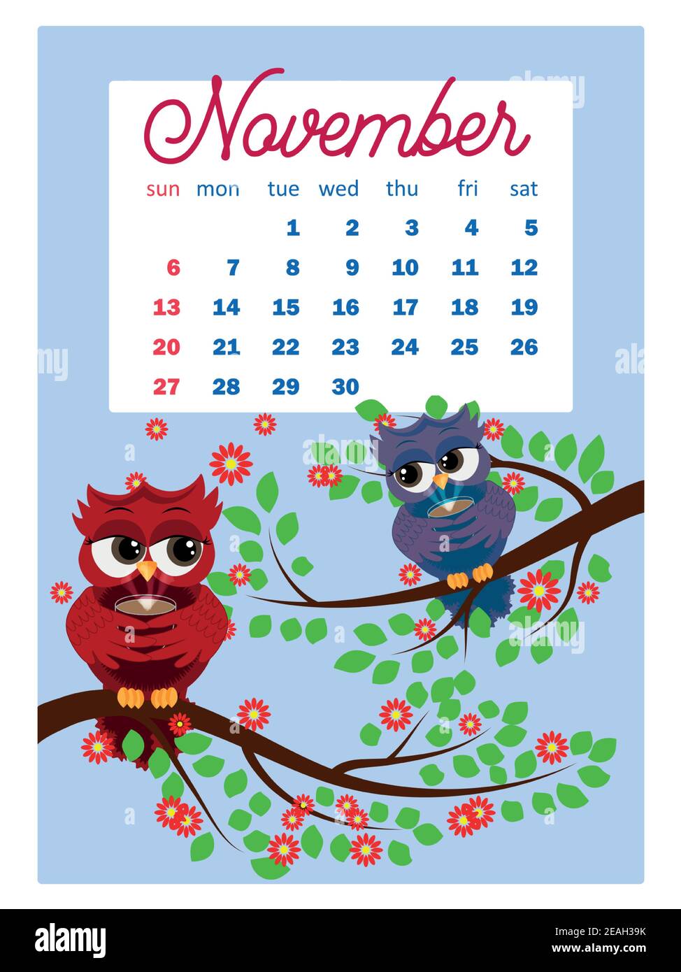 Calendar 2022. Cute calendar with funny cartoon owls. Cute owls and ...
