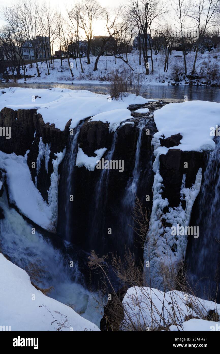 PATERSON, NJ -6 FEB 2021- Winter view of the Great Falls of the Passaic ...