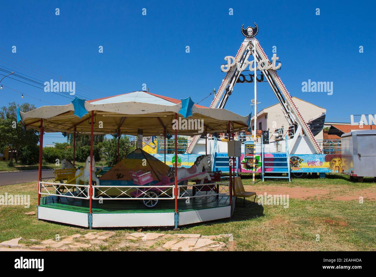 Ibitinga, SP, Brazil - 02 07 2021: Pirate ship and carousel at a ...