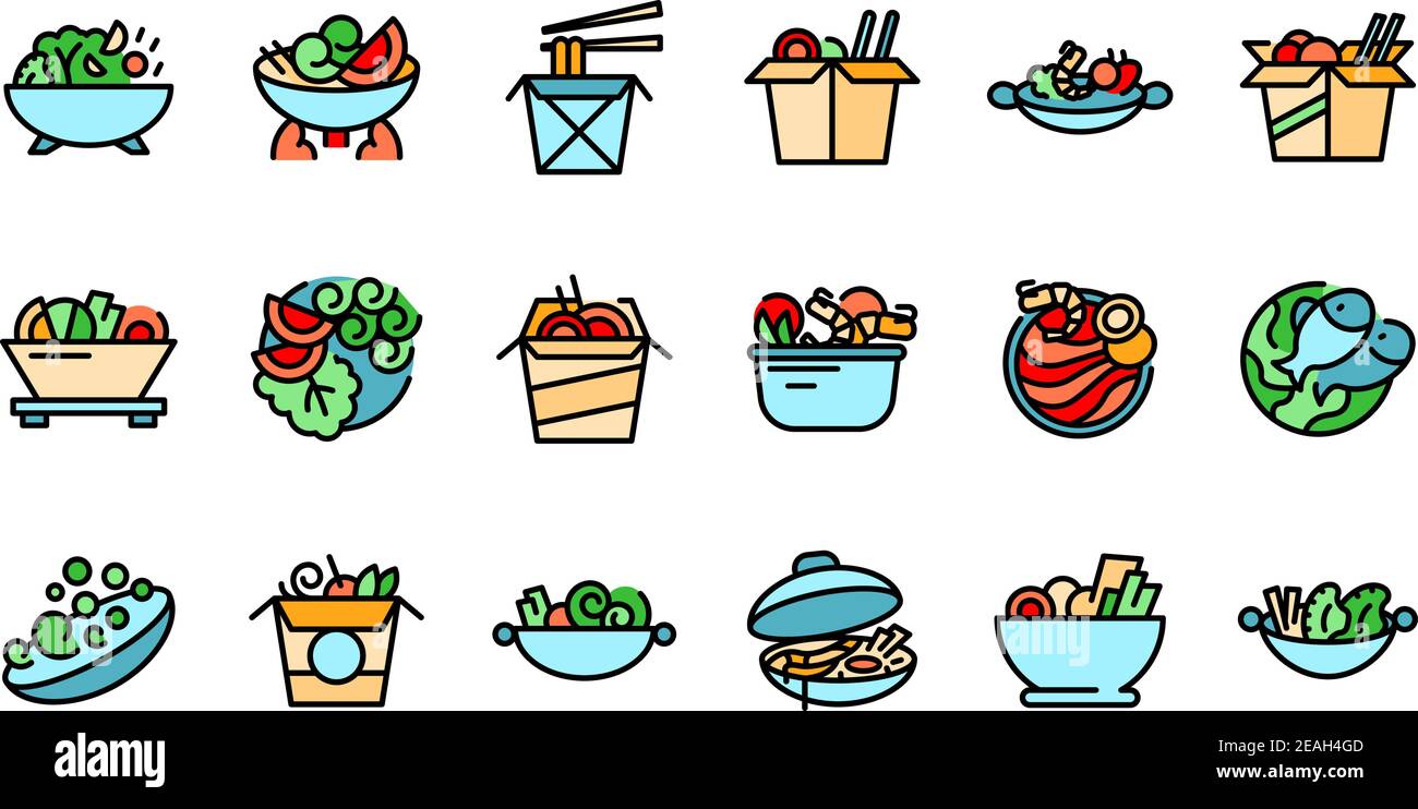 Wok menu icons set. Outline set of wok menu vector icons thin line ...