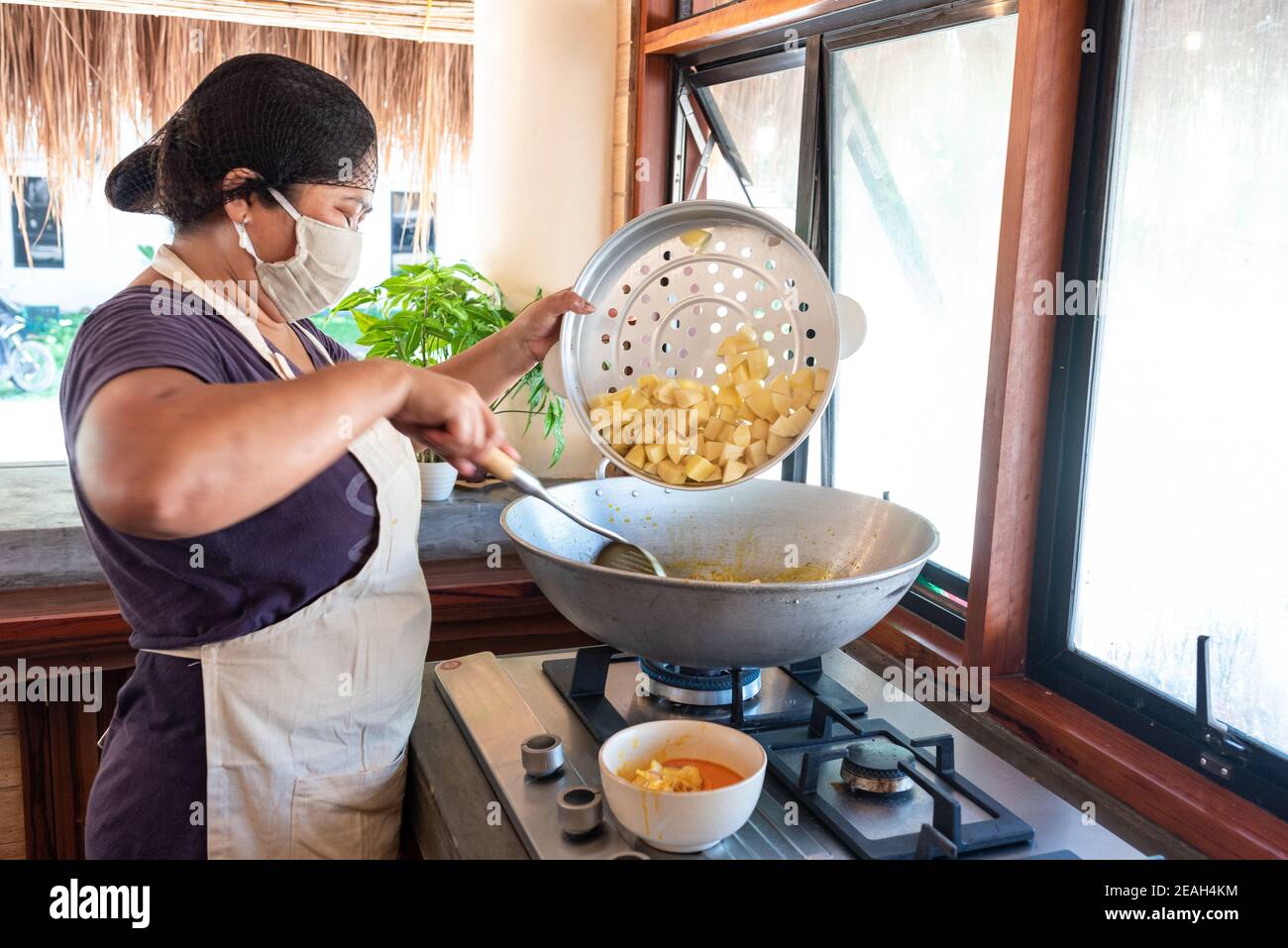 Face Mask Two Asian Female Cooks on Duty Chopping Vegetables Bright ...