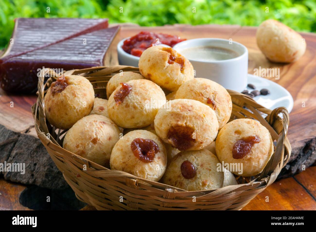 Breakfast with cheese bread, guava stuffed pao de queijo Stock Photo ...