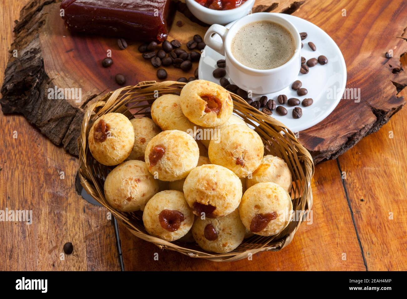 Brazilian snack Breakfast with cheese bread, guava stuffed pao de ...