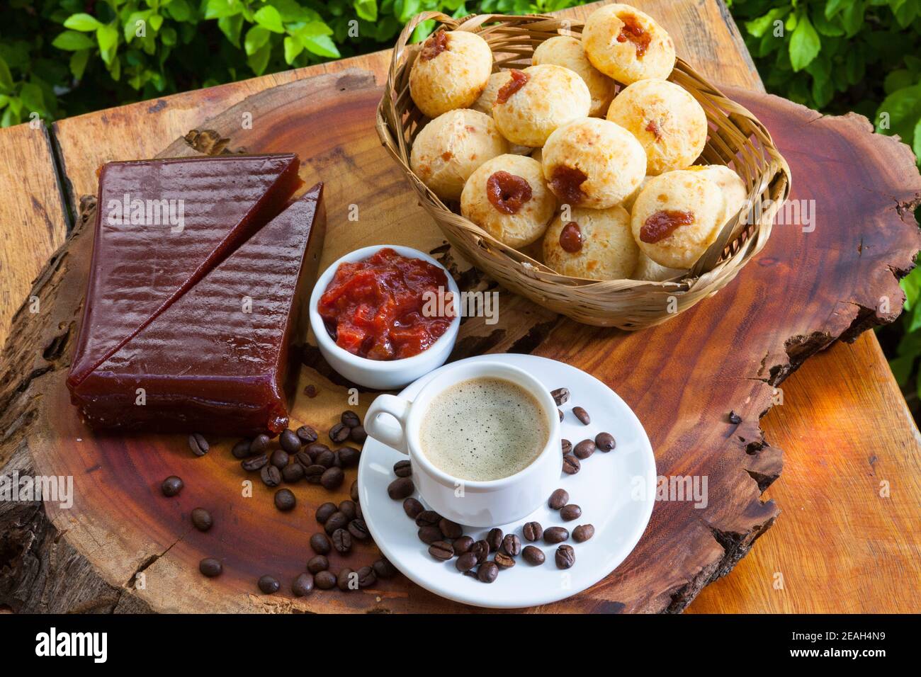 Breakfast with cheese bread, guava stuffed pao de queijo Stock Photo ...