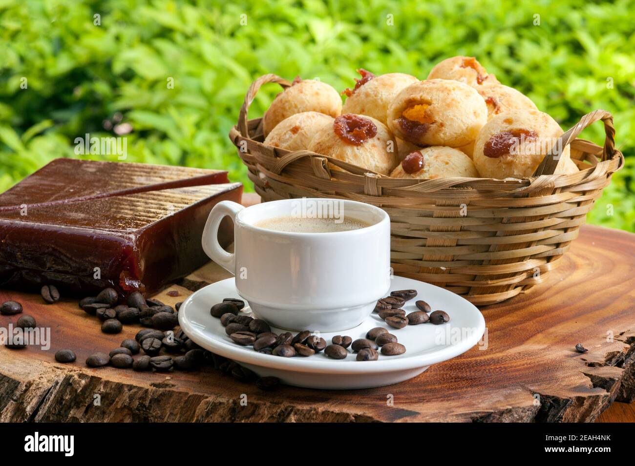 Breakfast with cheese bread, guava stuffed pao de queijo Stock Photo ...