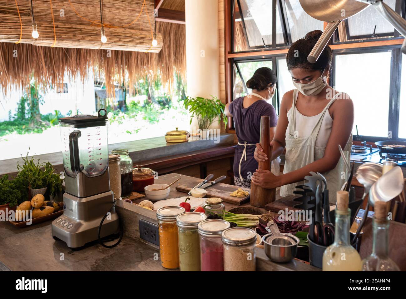 Face Mask Two Asian Female Cooks on Duty Chopping Vegetables Bright ...