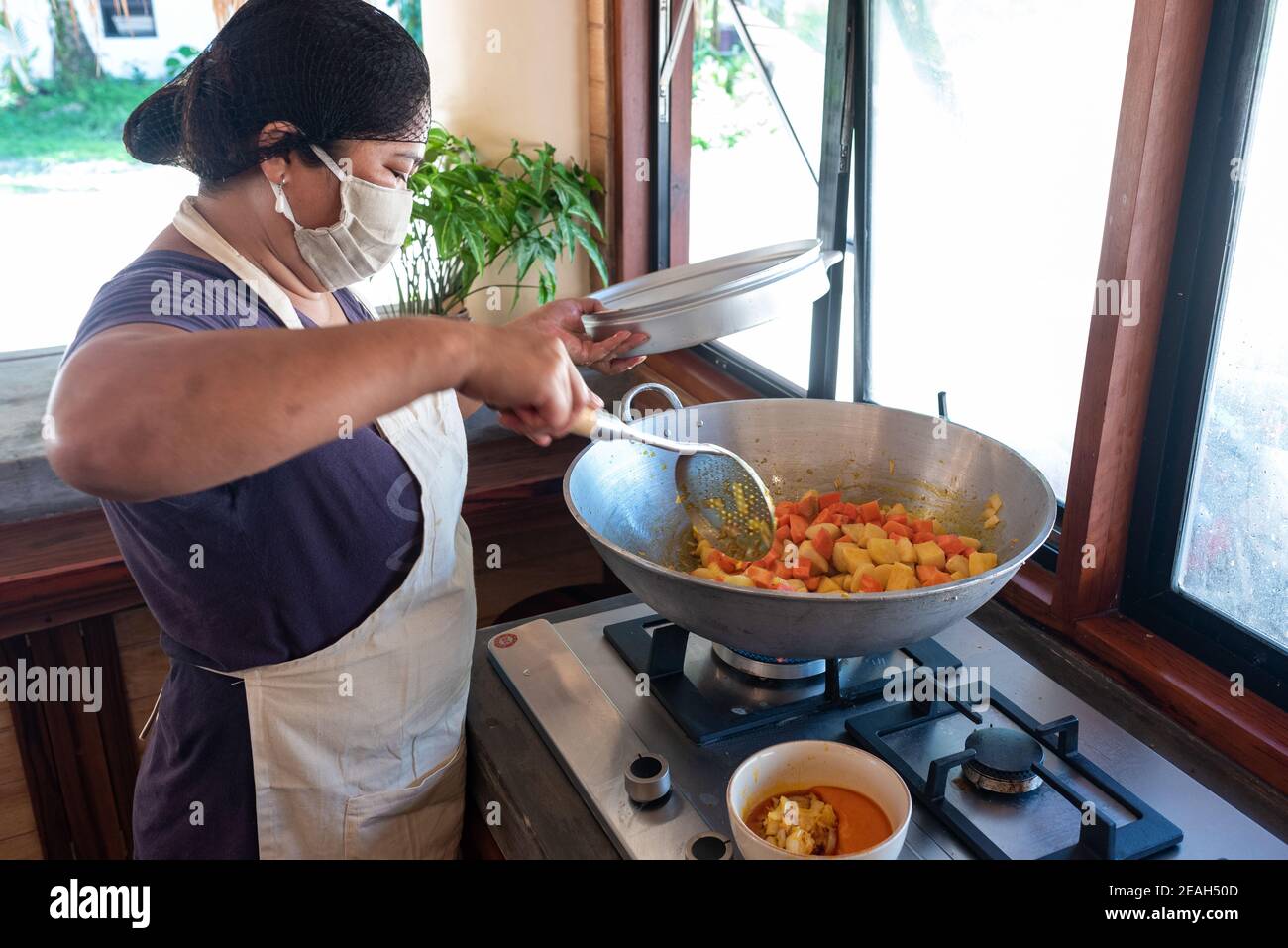 Face Mask Two Asian Female Cooks on Duty Chopping Vegetables Bright ...