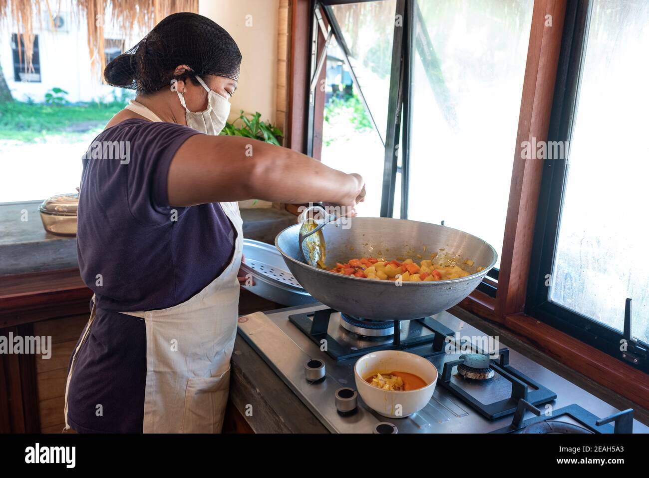 Face Mask Two Asian Female Cooks on Duty Chopping Vegetables Bright ...