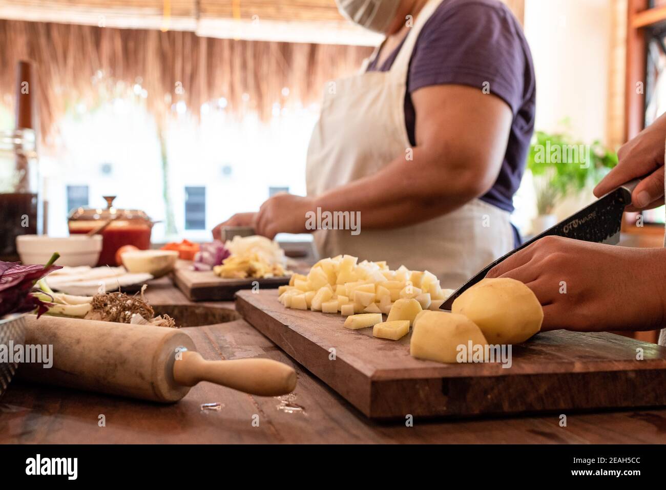 Face Mask Two Asian Female Cooks on Duty Chopping Vegetables Bright ...