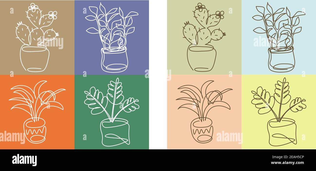 Set of square patterns with home plants drawn in outline style ...
