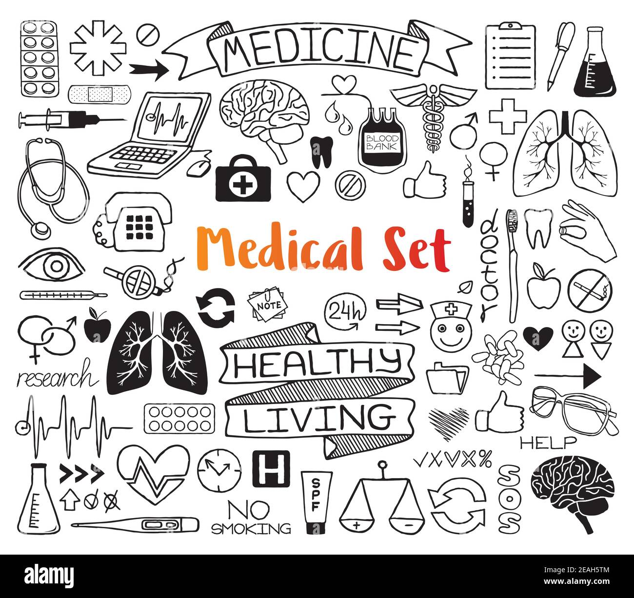 Medical doodles set of icons isolated on white background Stock Vector ...