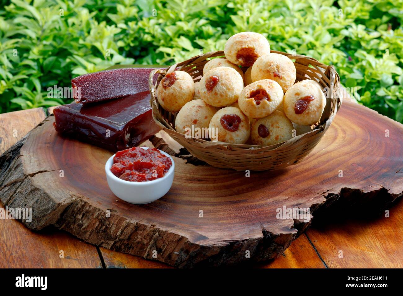 Brazilian snack cheese bread, pao de queijo stuffed with guava Stock ...