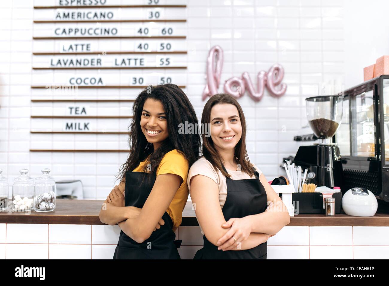 Portrait of two female waitress of a coffee shop, African American and ...