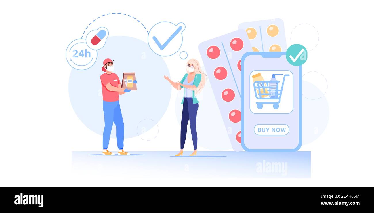 Flat cartoon character receiving online order medicines,medical ...