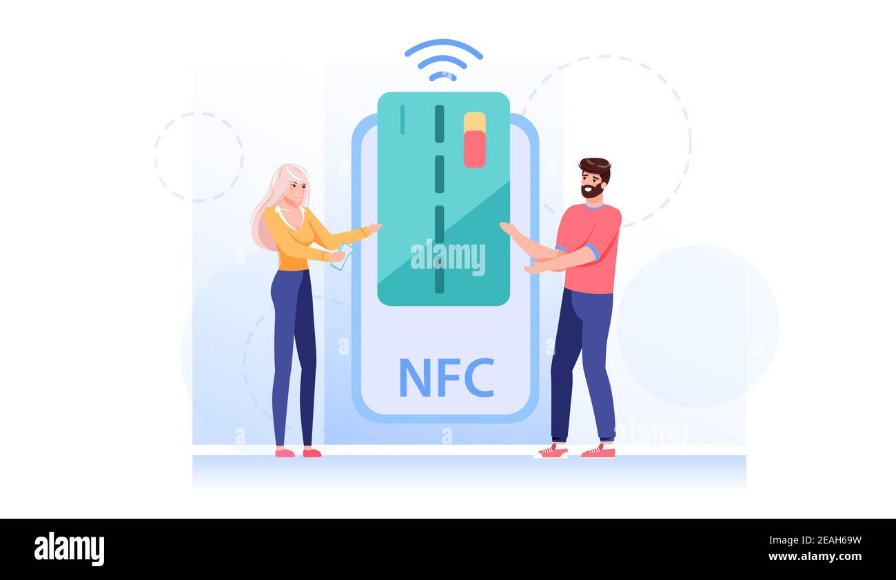 Flat cartoon character makes nfc contactless card payment,vector ...