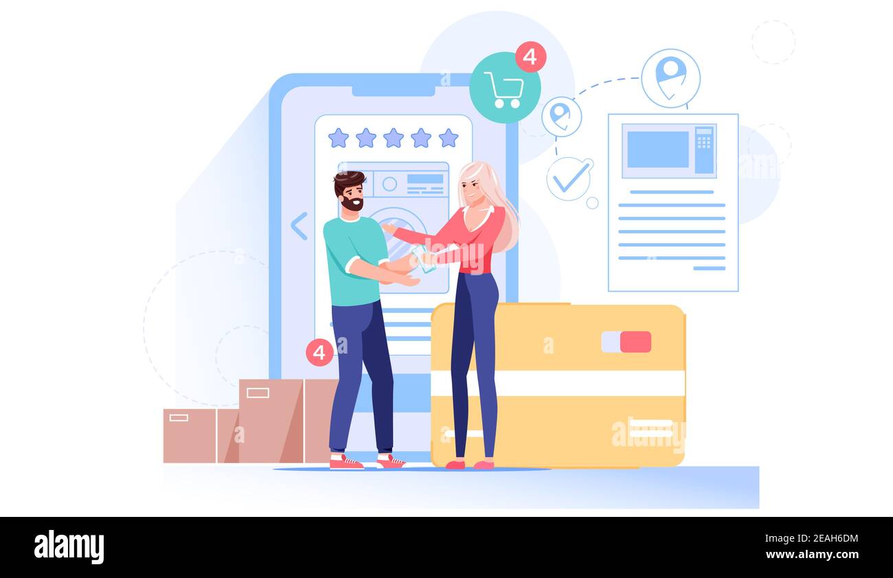 Flat cartoon characters receiving online buys,order delivery service ...