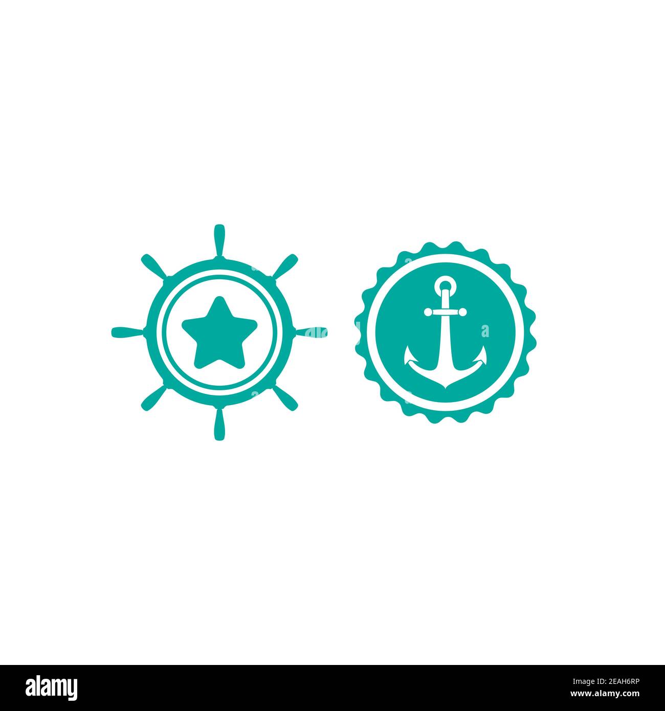 Blue nautical labels set. helm and anchor isolated on white. Ship and ...