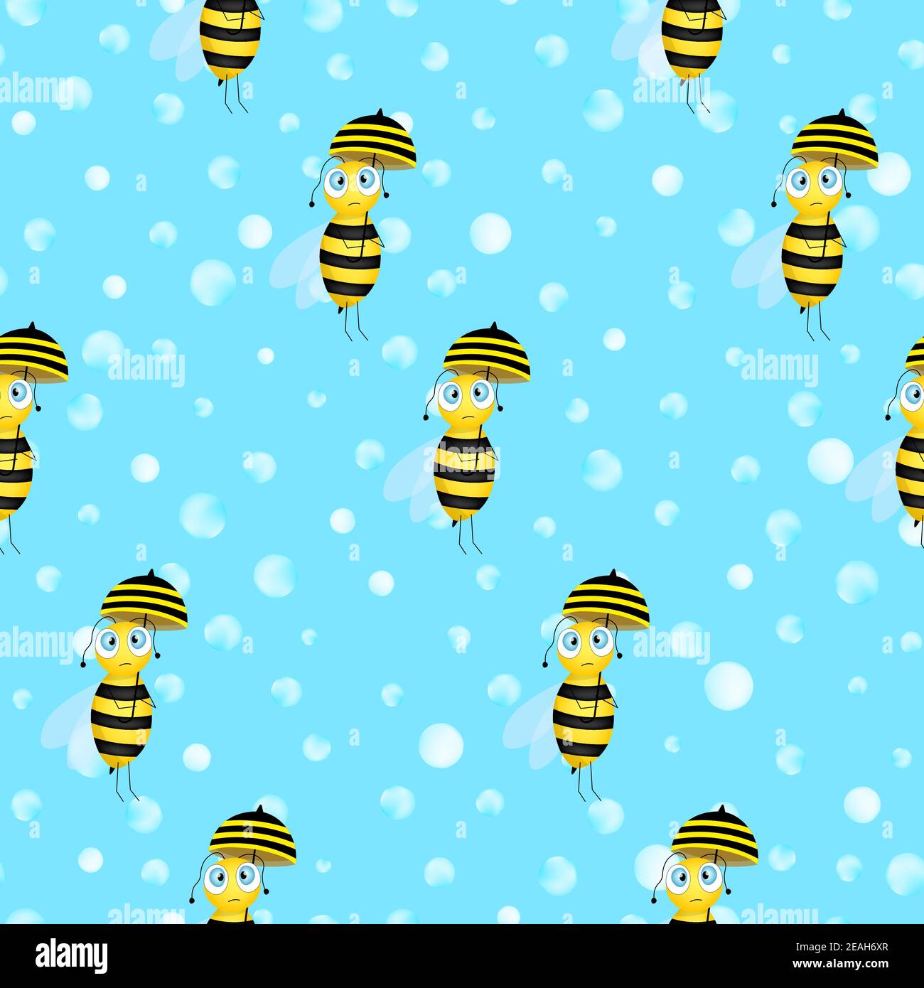 Seamless pattern with bees on blue polka dots background. Adorable ...