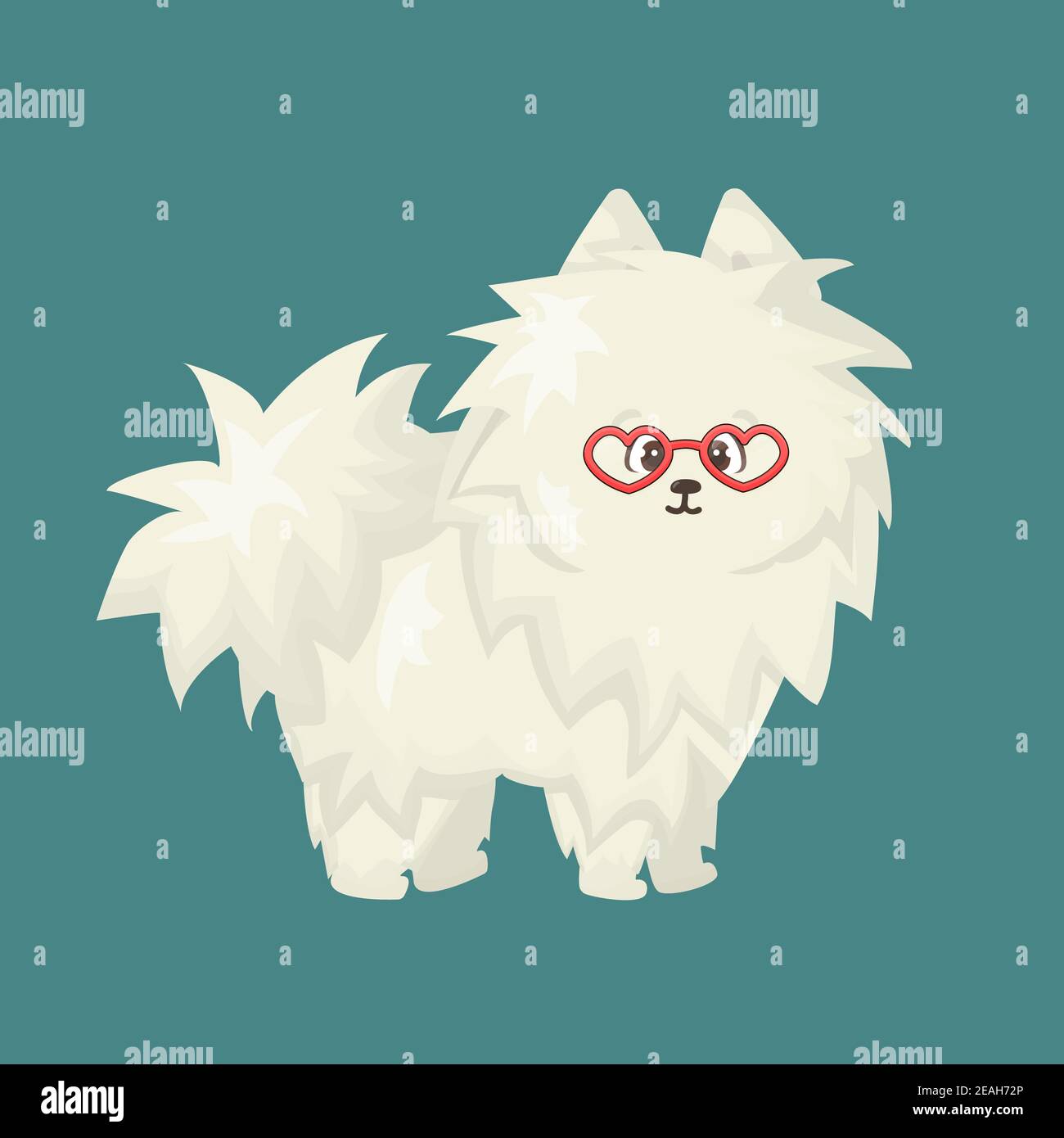 White fluffy cute cartoon happy isolated vector flat dog on blue or ...