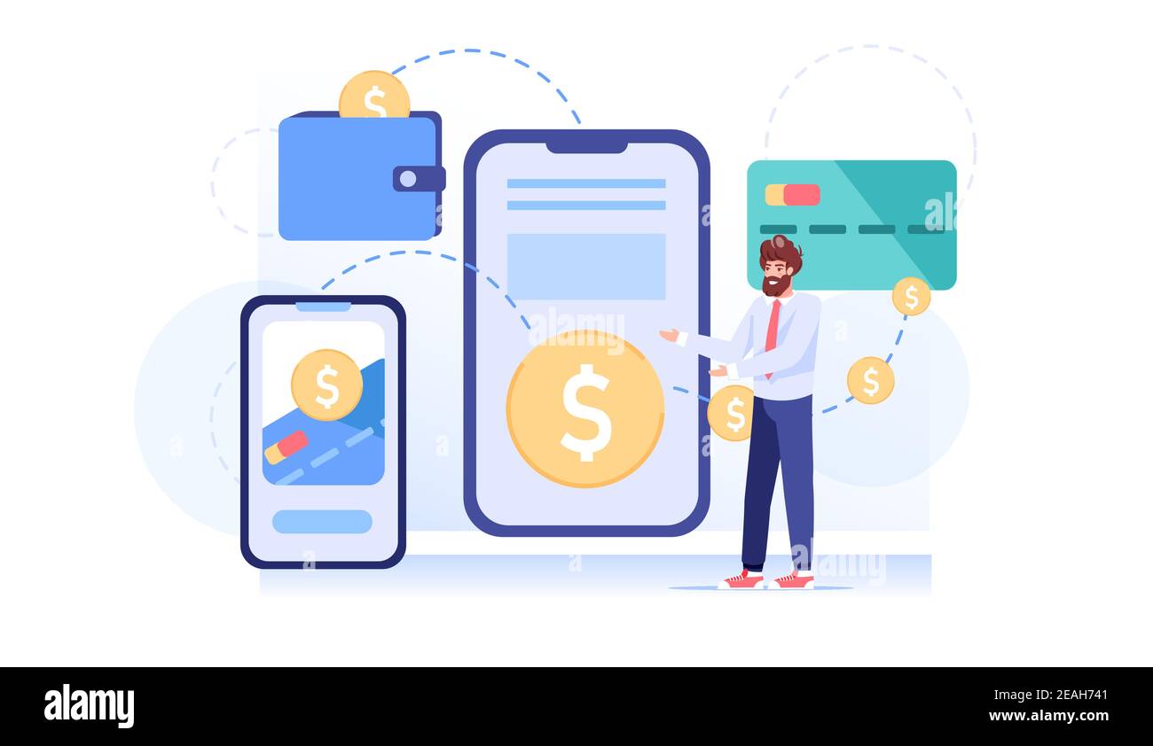 Flat cartoon character transfer money online using mobile app,vector ...