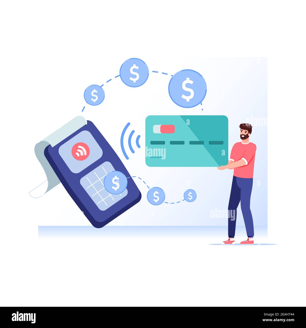 Flat cartoon character makes nfc contactless card payment,vector ...