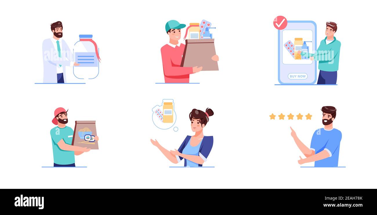 Flat cartoon medical characters set,telemedicine delivery service ...