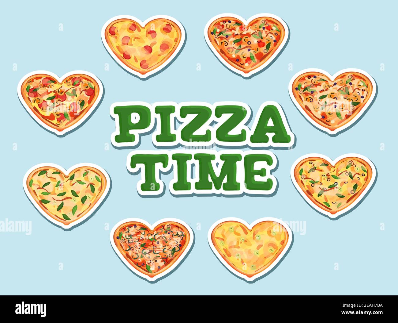 Set of eight cartoon heart pizzas with different ingredients isolated ...