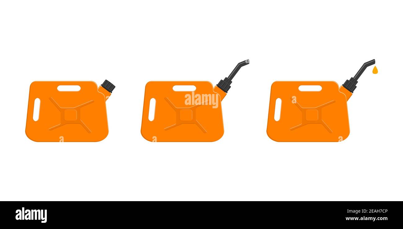 Gasoline cans with closing cap, spout and leaking petrol drop. Set of ...