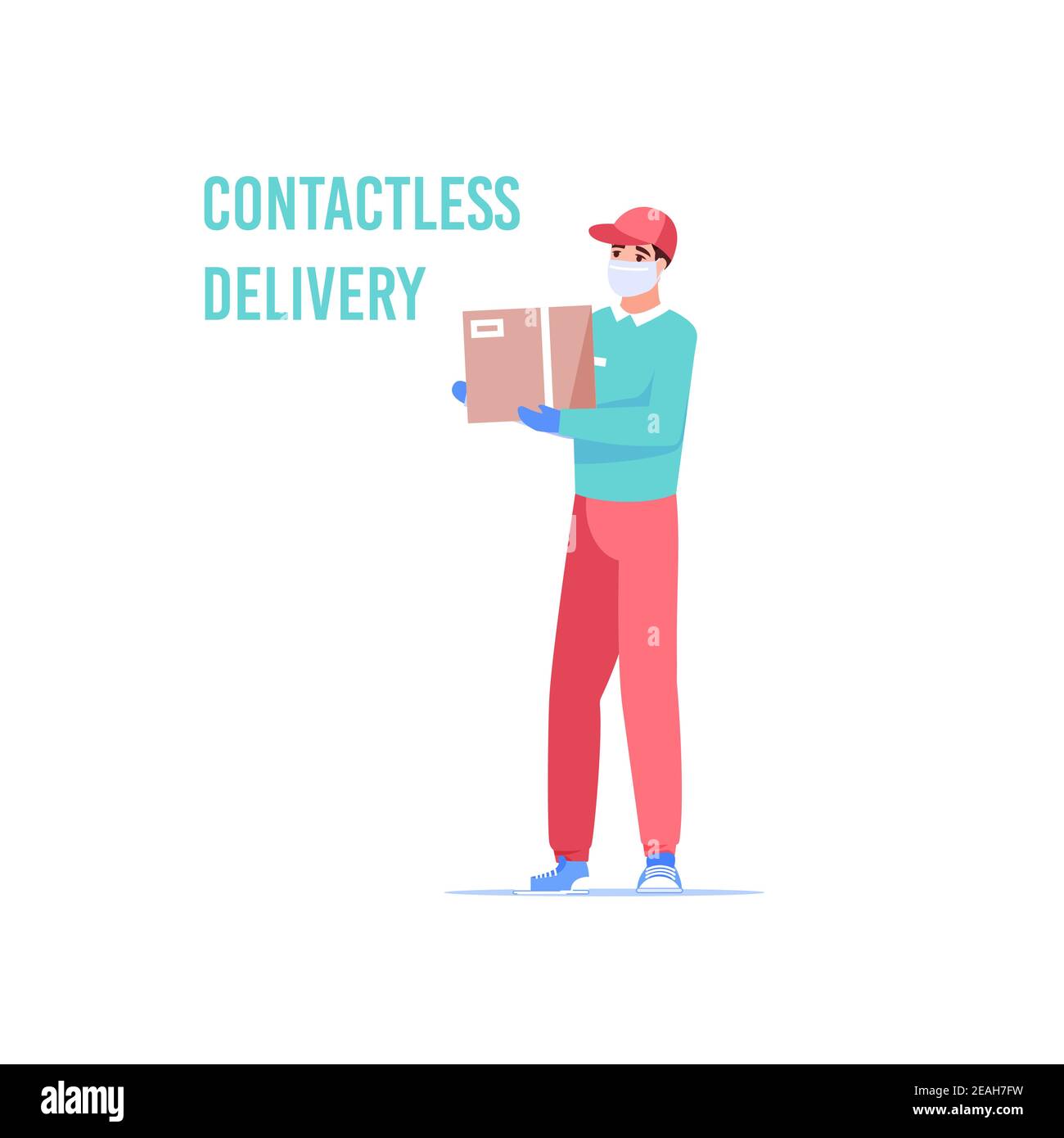 Flat cartoon delivery man character,coronavirus protection,social ... Flat cartoon delivery man character,coronavirus protection,social ...