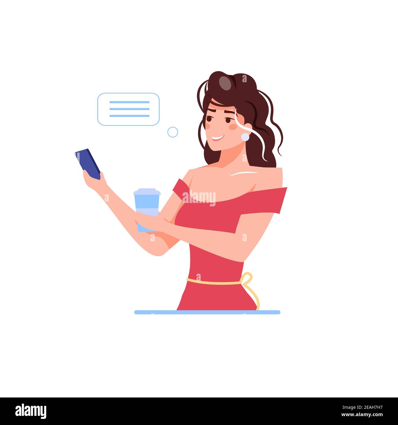 Flat cartoon woman character chatting,communicates using smartphone ...